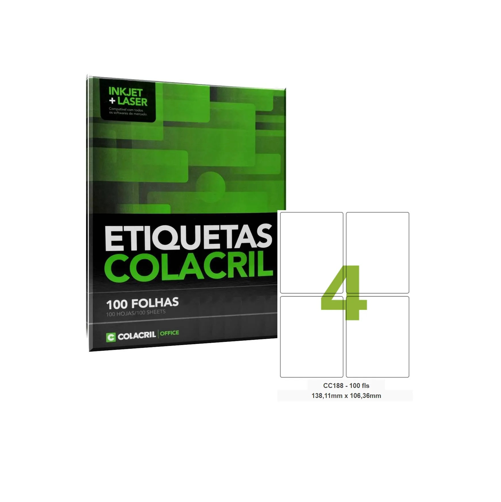 100 Folhas Etiquetas Colacril A4 - Ca4389 (4 Etiq./folha)